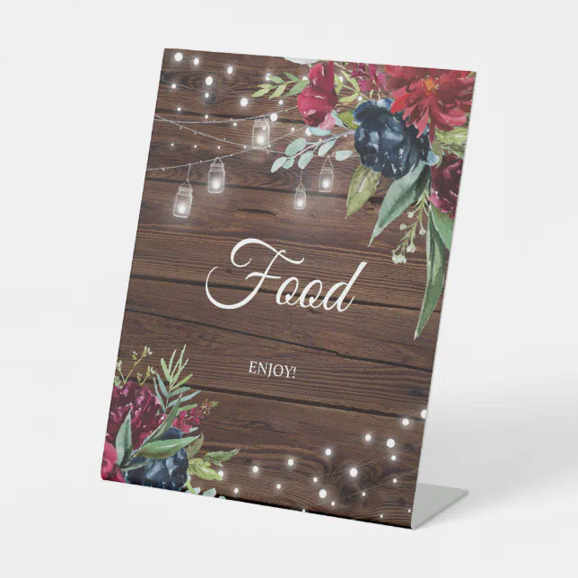 Rustic Wood Burgundy Floral Lights Food Sign | Zazzle