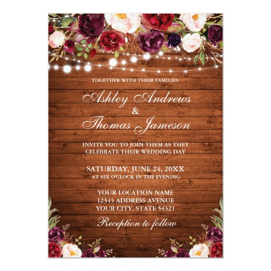 Rustic Wood Burgundy Floral Lights Wedding Invitation | Zazzle.com
