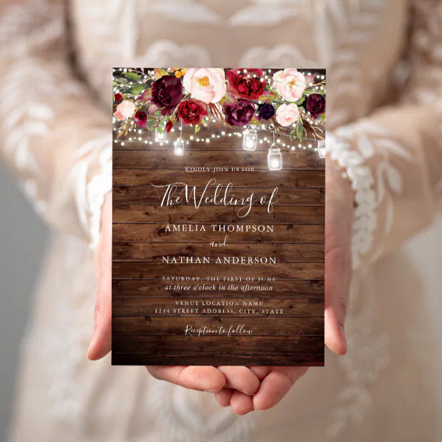 Rustic Wood Burgundy Floral Lights Wedding Invitation | Zazzle