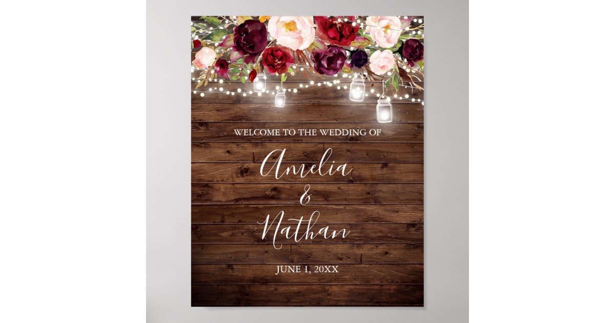 Rustic Wood Burgundy Floral Lights Wedding Poster | Zazzle