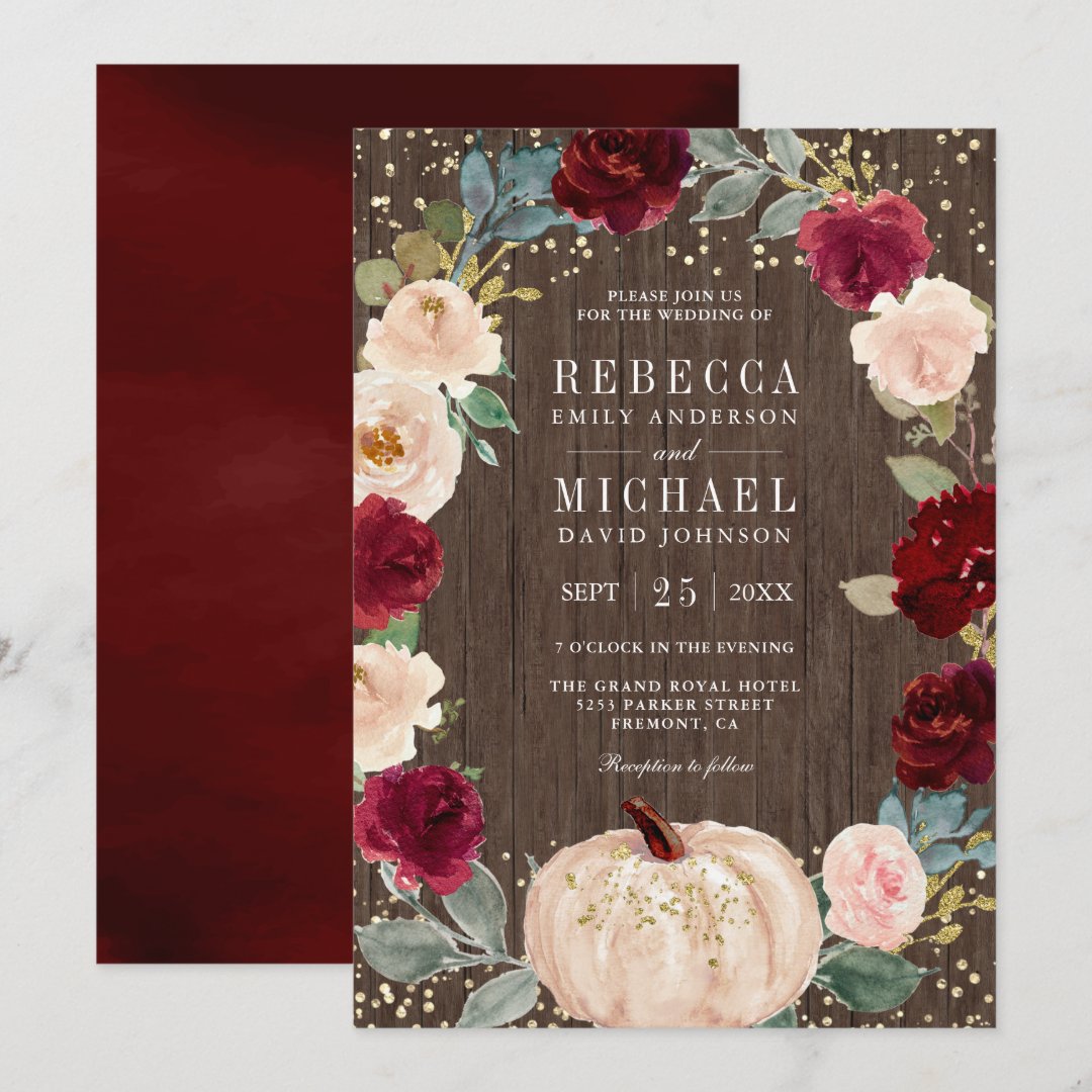 Rustic Wood Burgundy Peach Floral Pumpkin Wedding Invitation | Zazzle
