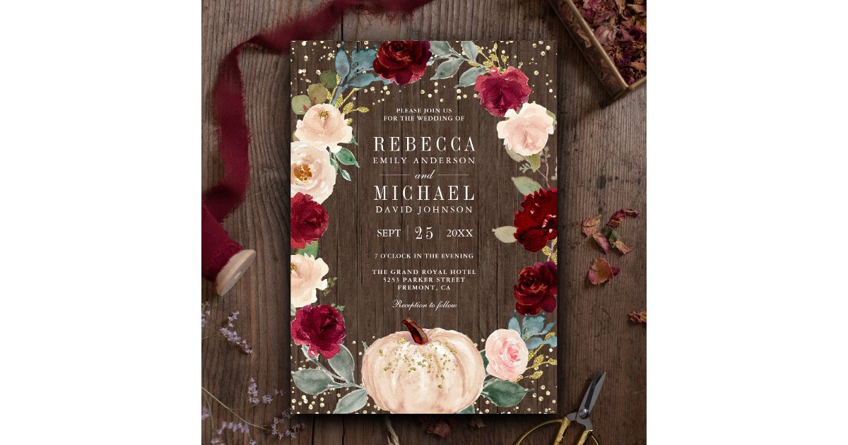 Rustic Wood Burgundy Peach Floral Pumpkin Wedding Invitation | Zazzle