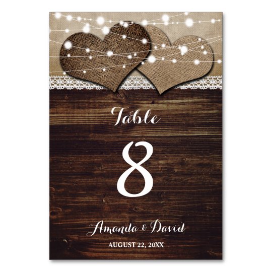 Rustic Wood Burlap and Lace Table Number Cards | Zazzle.com
