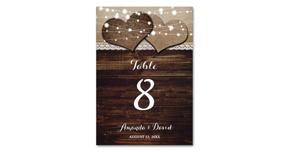 Rustic Wood Burlap and Lace Table Number Cards | Zazzle.com