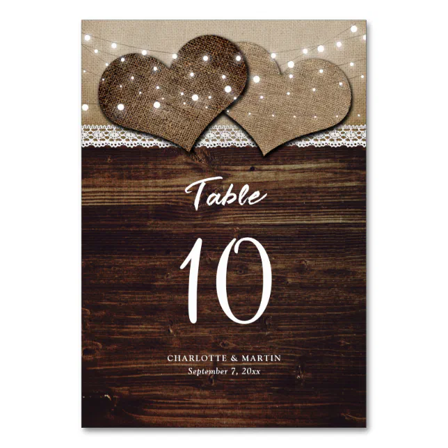 Rustic Wood Burlap and Lace Table Number Cards | Zazzle
