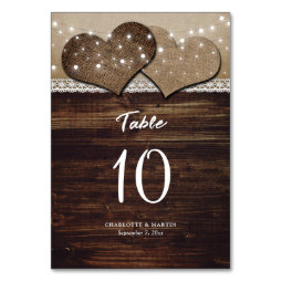 Rustic Wood Burlap and Lace Table Number Cards | Zazzle
