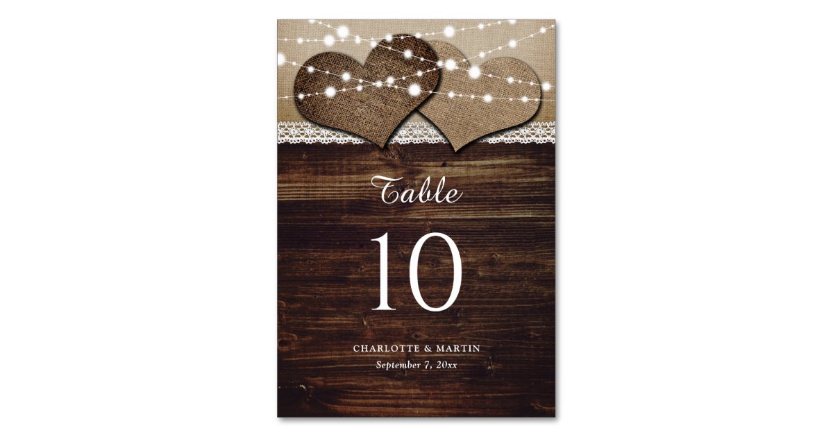 Rustic Wood Burlap and Lace Table Number Cards | Zazzle