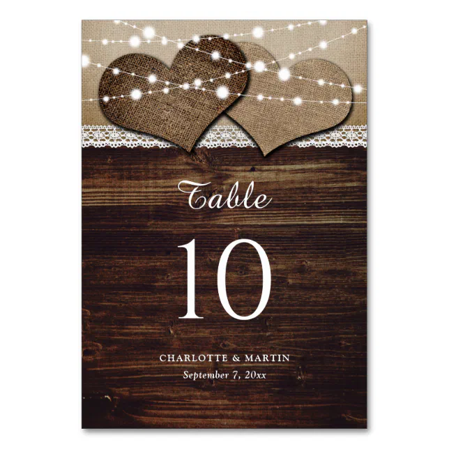 Rustic Wood Burlap and Lace Table Number Cards | Zazzle