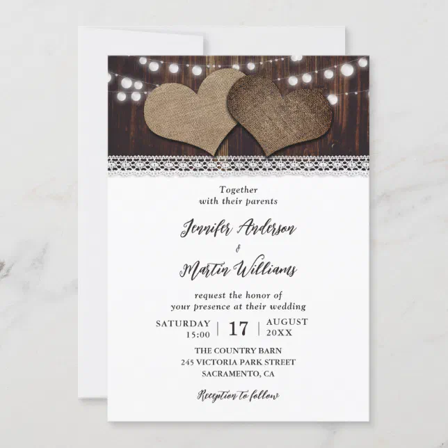 Rustic Wood Burlap and Lace Wedding Invitation | Zazzle