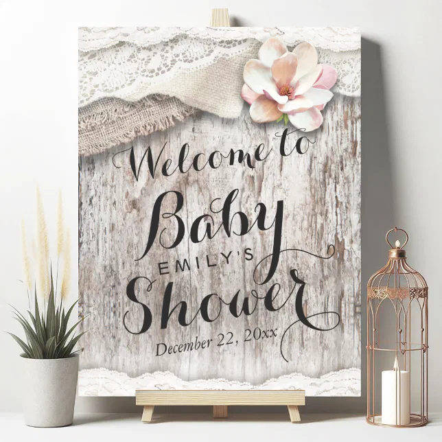 Rustic Wood Burlap Lace Baby Shower Welcome Sign | Zazzle