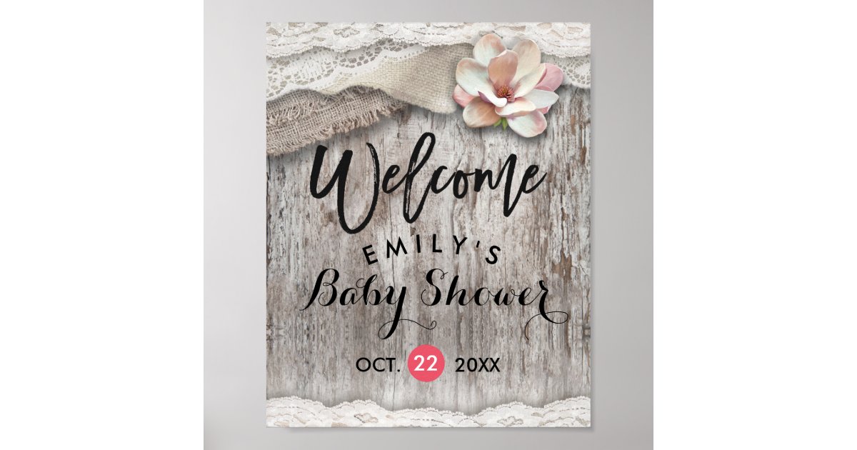 Rustic Wood Burlap Lace Baby Shower Welcome Sign | Zazzle