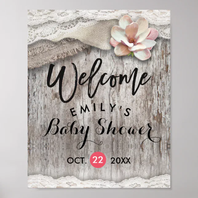 Rustic Wood Burlap Lace Baby Shower Welcome Sign | Zazzle
