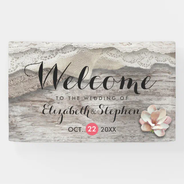 Rustic Wood Burlap Lace Floral Wedding Welcome Banner | Zazzle