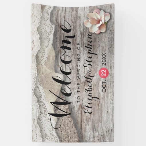 Rustic Wood Burlap Lace Floral Wedding Welcome Banner | Zazzle