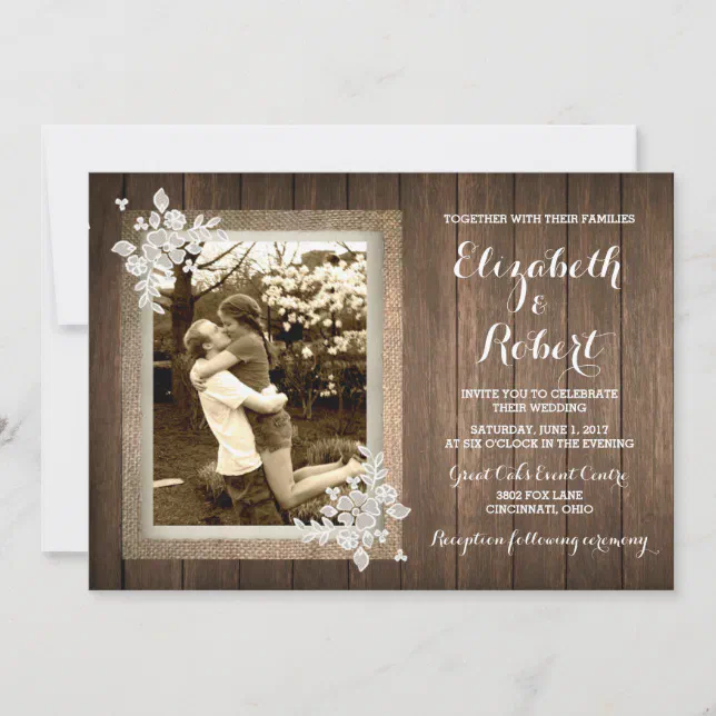 Rustic Wood Burlap Lace Photo Wedding Invitation | Zazzle