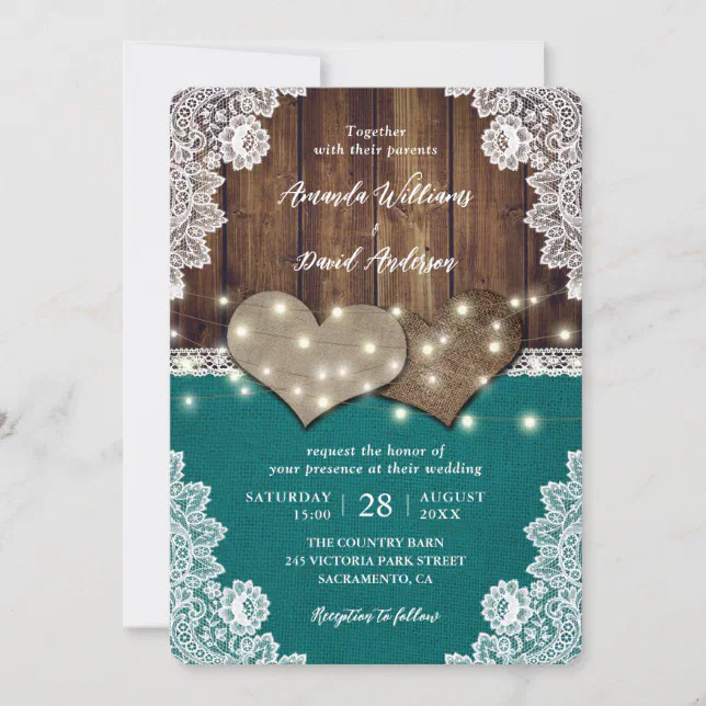 Rustic Wood Burlap Lace Teal Wedding Invitations | Zazzle