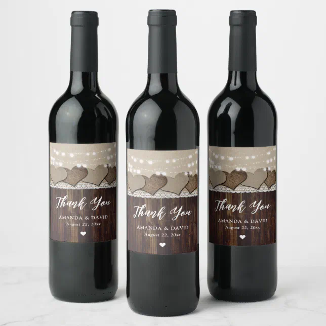 Rustic Wood Burlap Lace Wedding Wine Bottle Labels | Zazzle