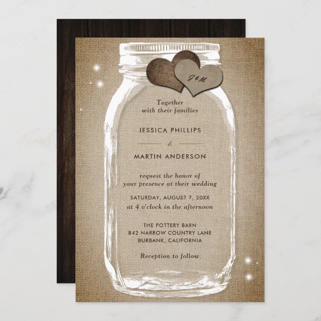 Rustic Wood Burlap Mason Jar Wedding Invitations | Zazzle