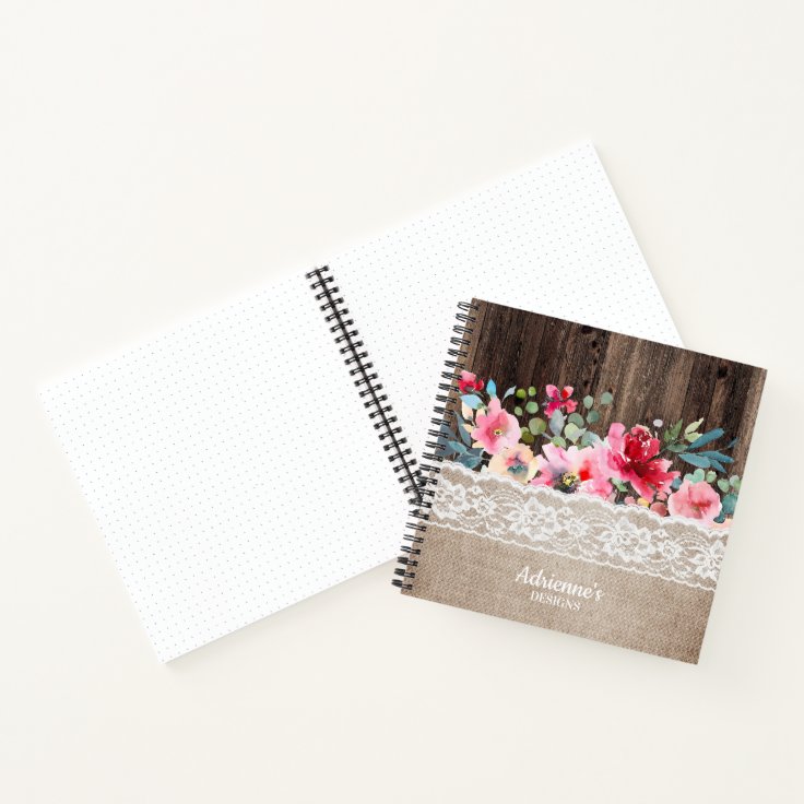 Rustic Wood Burlap Pink Floral White Lace Notebook | Zazzle