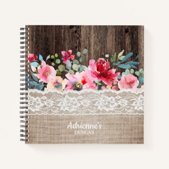 Rustic Wood Burlap Pink Floral White Lace Notebook | Zazzle