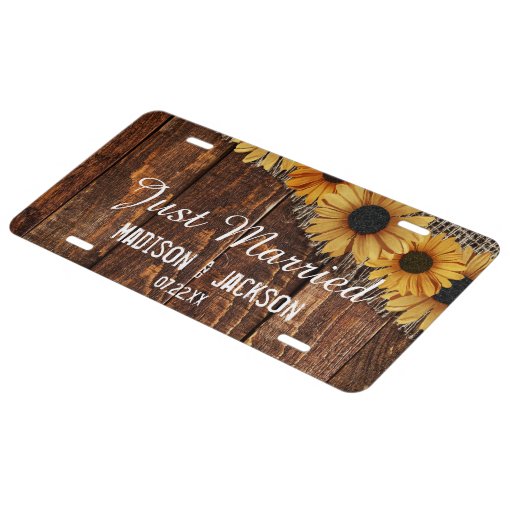 Rustic Wood Burlap Sunflower Wedding Just Married License Plate | Zazzle