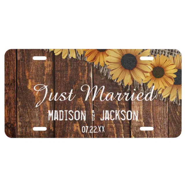 Rustic Wood Burlap Sunflower Wedding Just Married License Plate | Zazzle