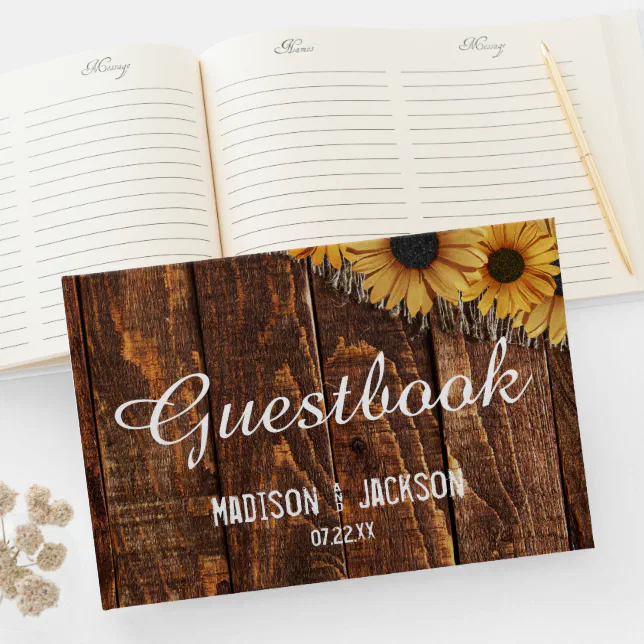Rustic Wood & Burlap Sunflower Wedding Monogram Guest Book | Zazzle