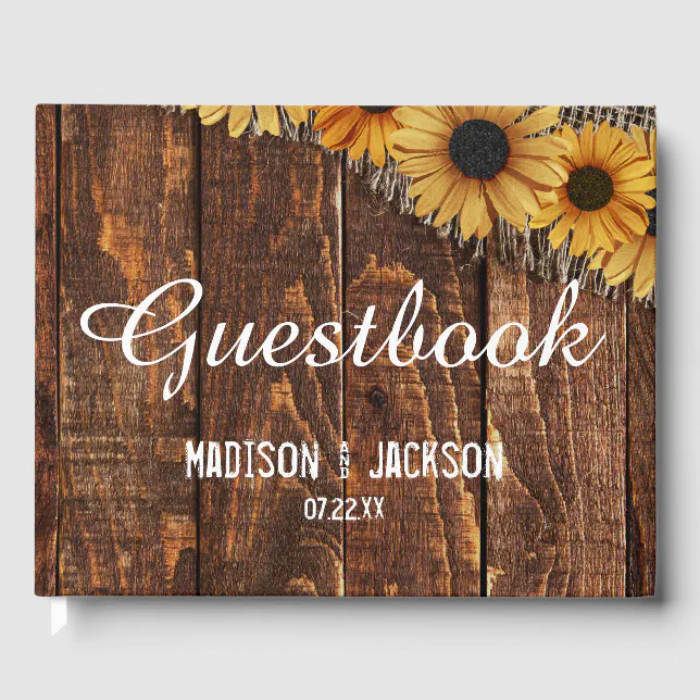 Rustic Wood & Burlap Sunflower Wedding Monogram Guest Book | Zazzle