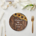 Rustic Wood & Burlap Sunflower Wedding Monogram Paper Plates | Zazzle