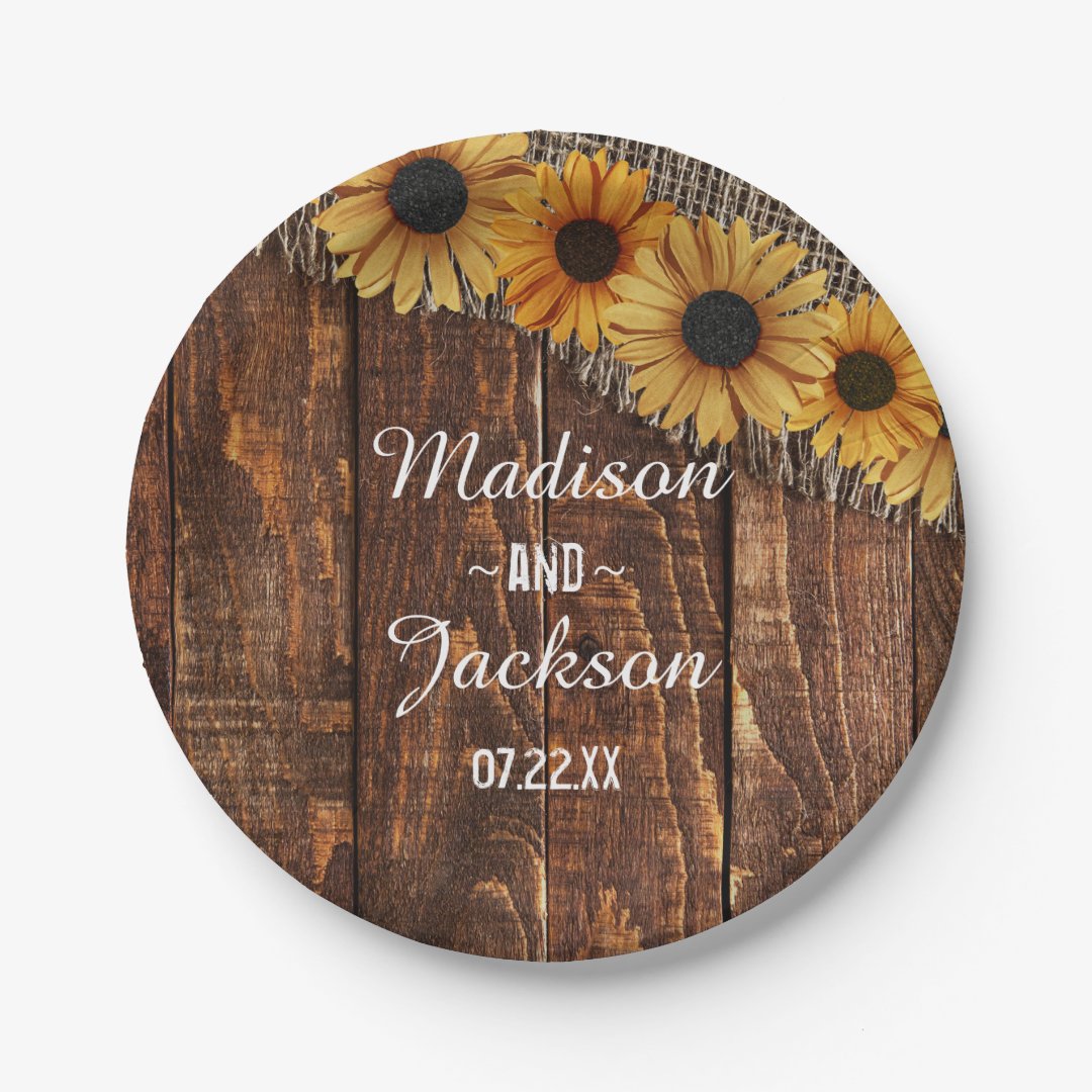 Rustic Wood & Burlap Sunflower Wedding Monogram Paper Plates | Zazzle