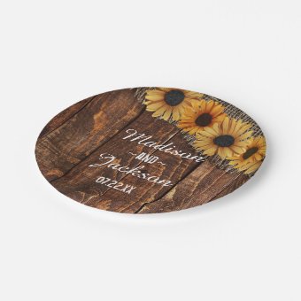 Rustic Wood & Burlap Sunflower Wedding Monogram Paper Plates | Zazzle