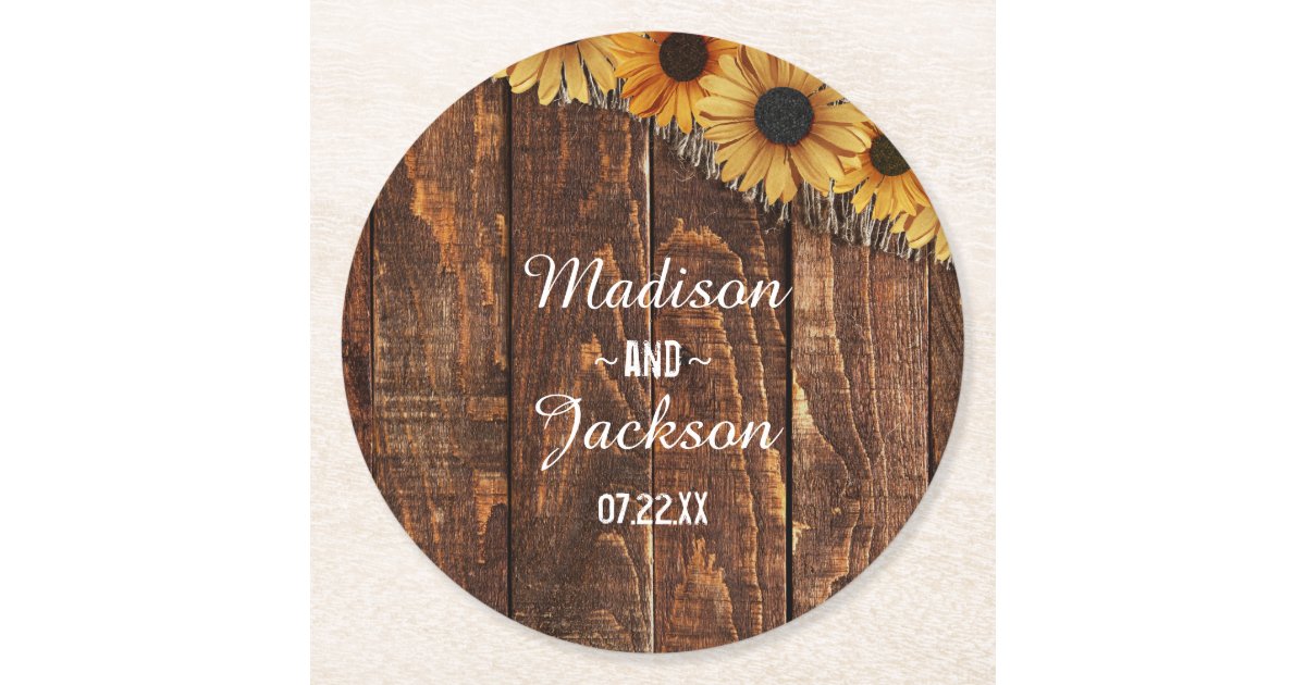 Rustic Wood & Burlap Sunflower Wedding Monogram Round Paper Coaster ...