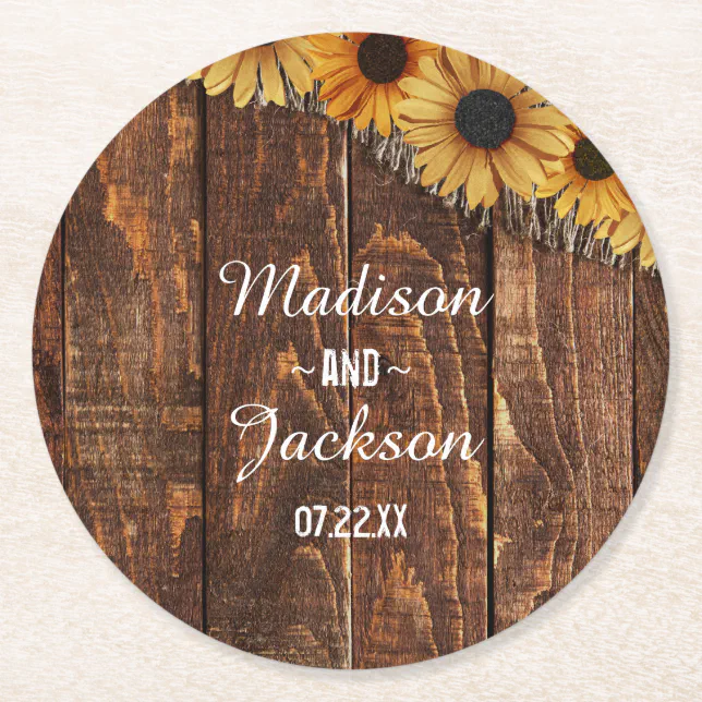 Rustic Wood & Burlap Sunflower Wedding Monogram Round Paper Coaster ...