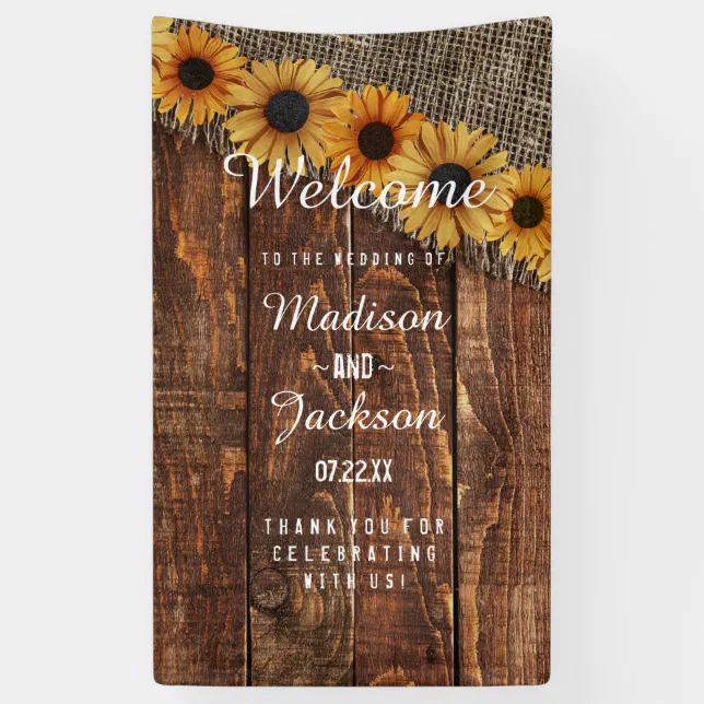 Rustic Wood & Burlap Sunflower Wedding Welcome Banner | Zazzle