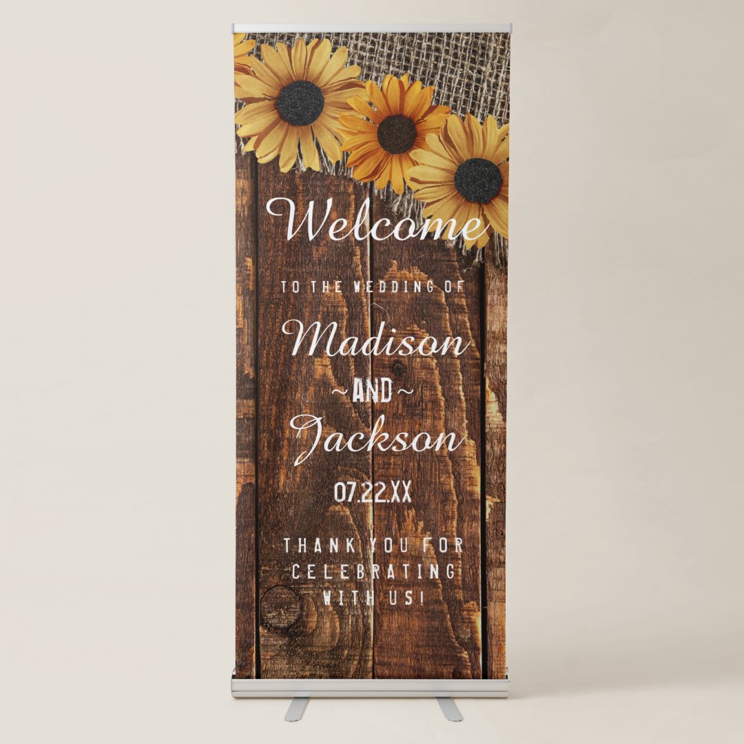 Rustic Wood & Burlap Sunflower Wedding Welcome Retractable Banner | Zazzle