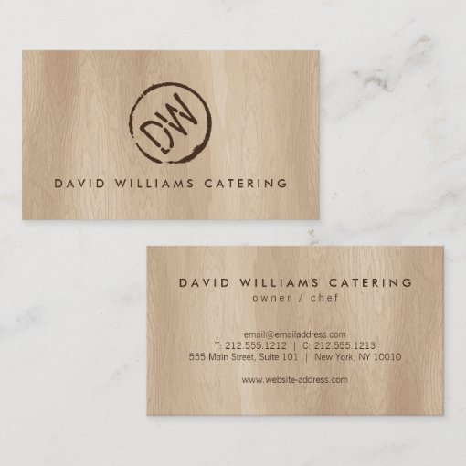 Rustic Wood-Burned Stamped Monogram for Catering 2 Business Card | Zazzle