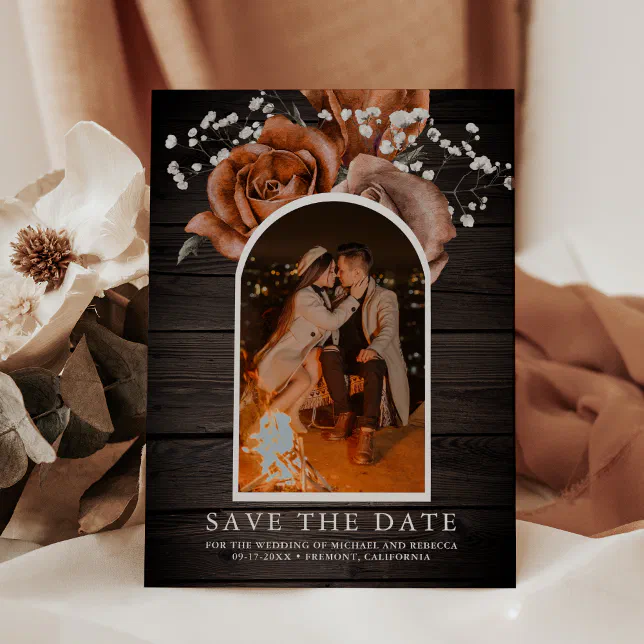 Rustic Wood Burnt Orange Rose Terracotta Wedding Save The Date | Zazzle
