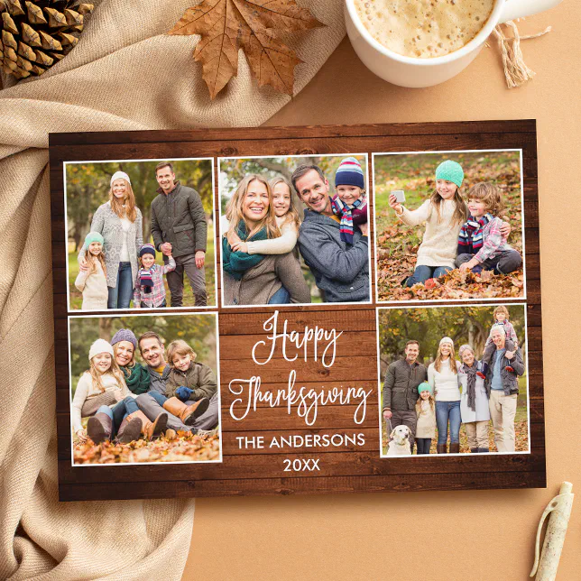 Rustic Wood Calligraphy 5 Photo Thanksgiving Postcard | Zazzle