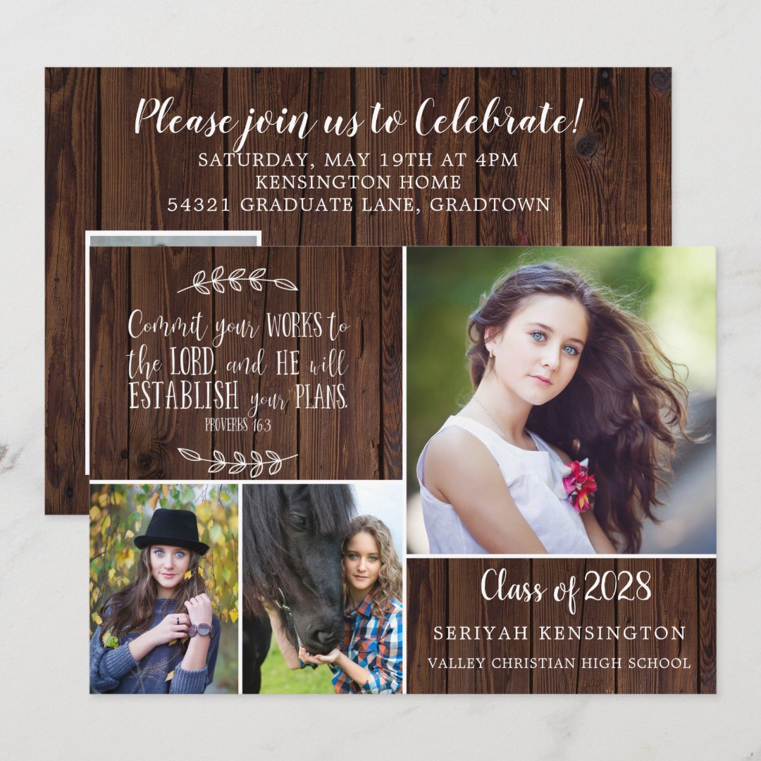 Rustic Wood Christian Graduation Bible Verse Invitation | Zazzle