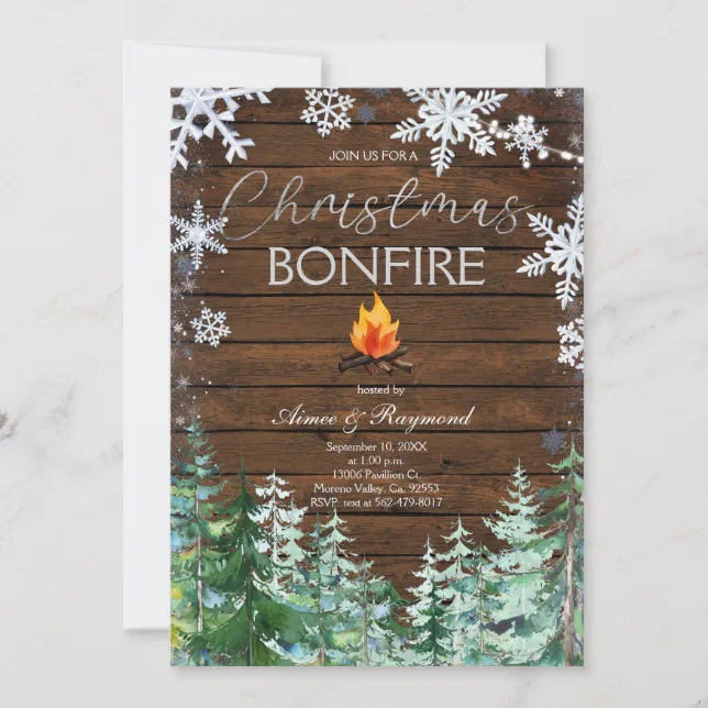 Rustic Wood Christmas Bonfire Invitation | Zazzle