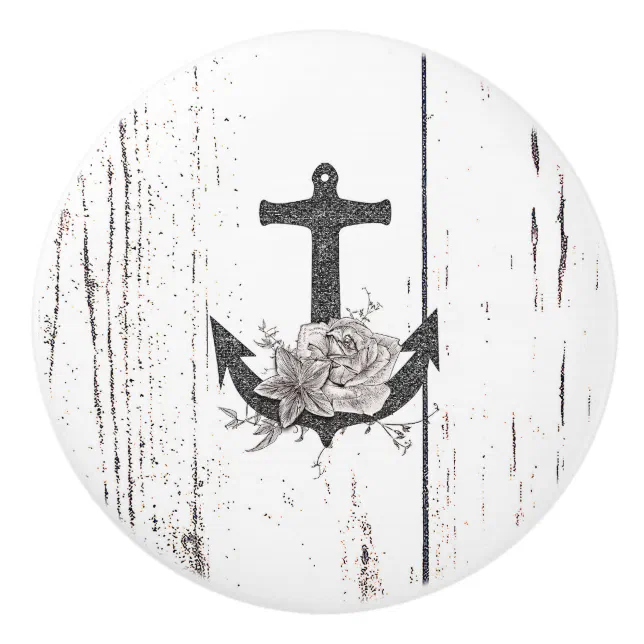 Rustic Wood Coastal Beach Anchor Vintage Floral Ceramic Knob | Zazzle