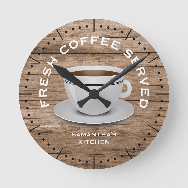 Rustic Wood Coffee Theme Farmhouse Kitchen Round Clock | Zazzle