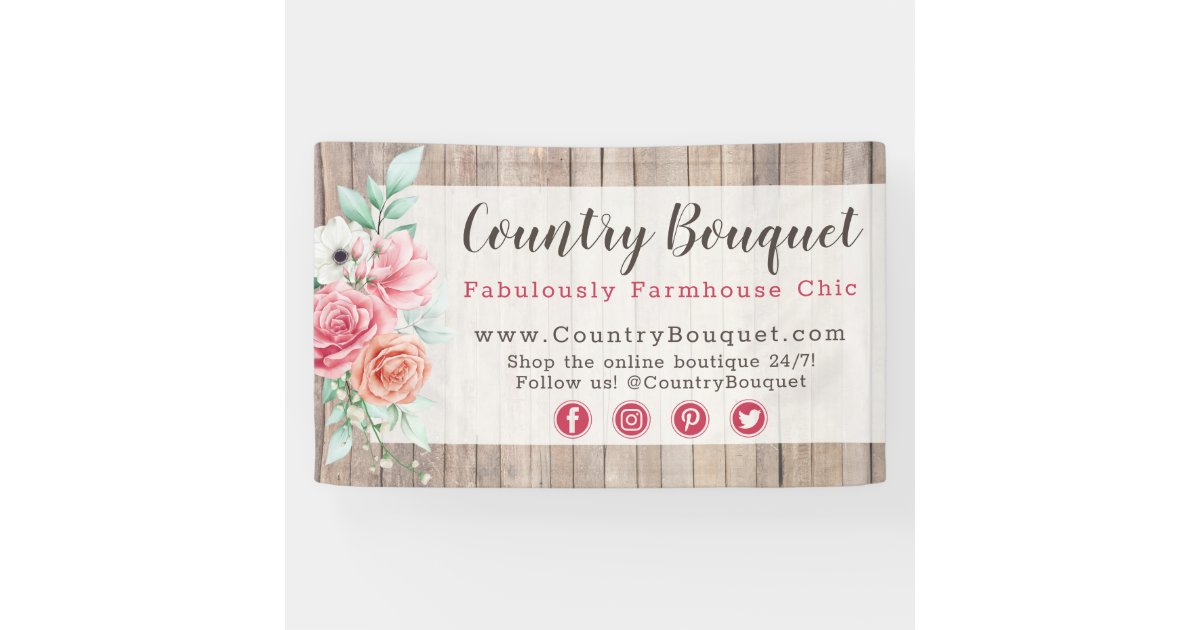 Rustic Wood Country Farmhouse Floral Rose Boutique Banner | Zazzle
