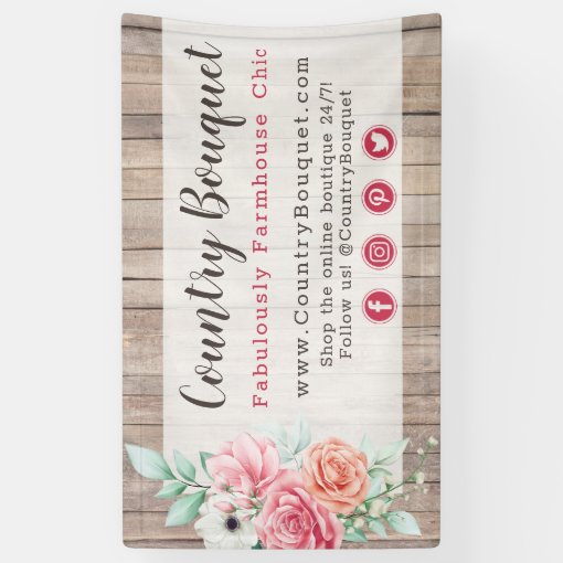 Rustic Wood Country Farmhouse Floral Rose Boutique Banner | Zazzle