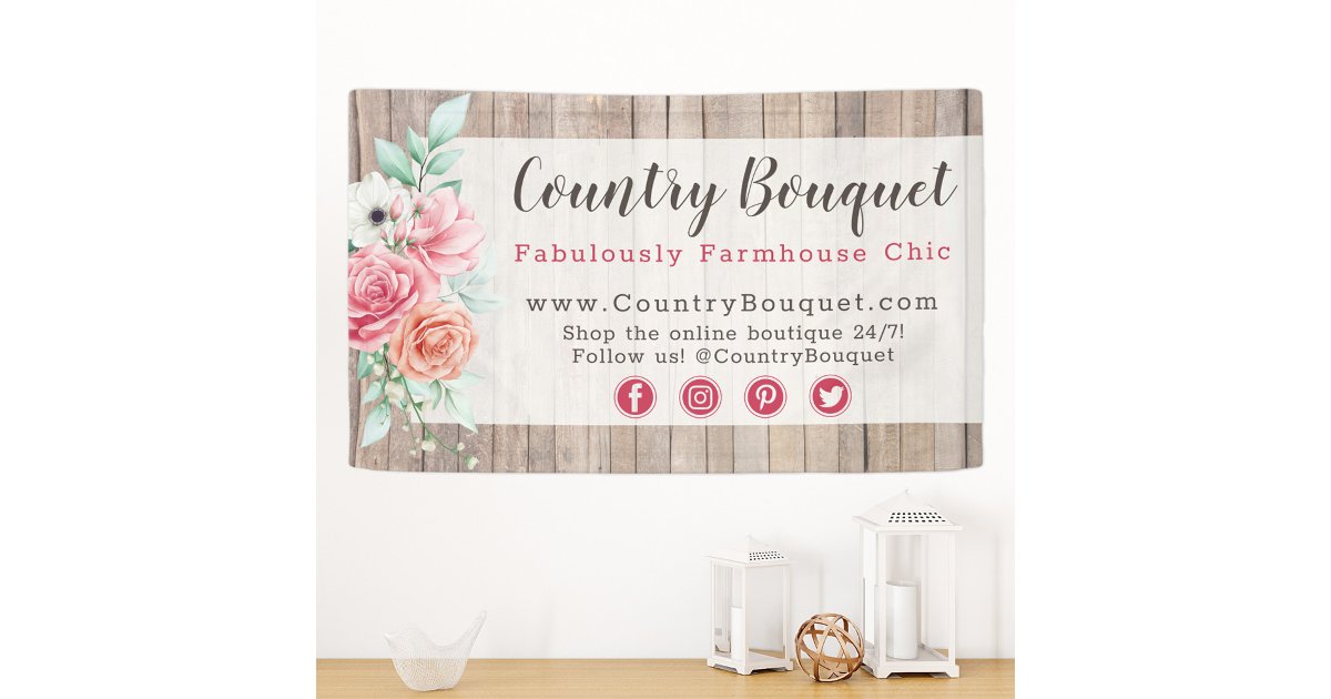 Rustic Wood Country Farmhouse Floral Rose Boutique Banner | Zazzle