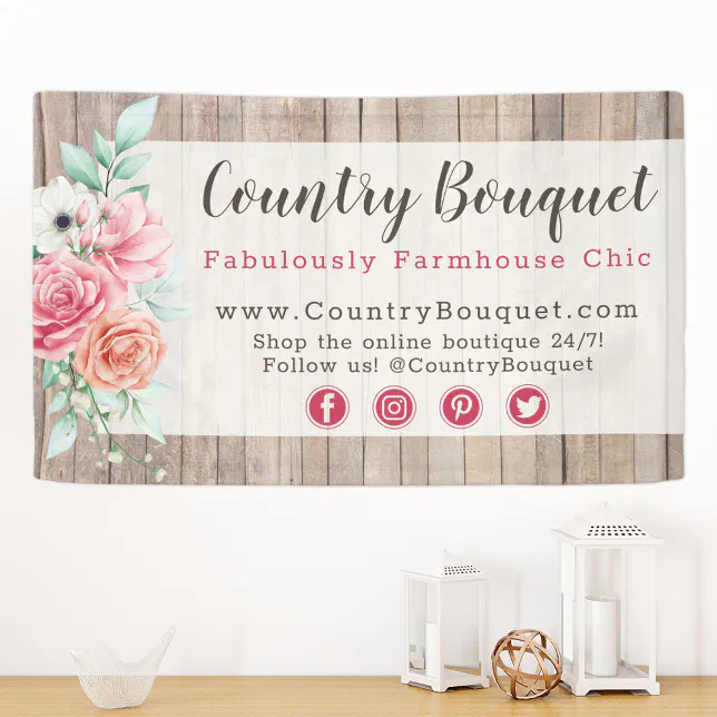 Rustic Wood Country Farmhouse Floral Rose Boutique Banner | Zazzle