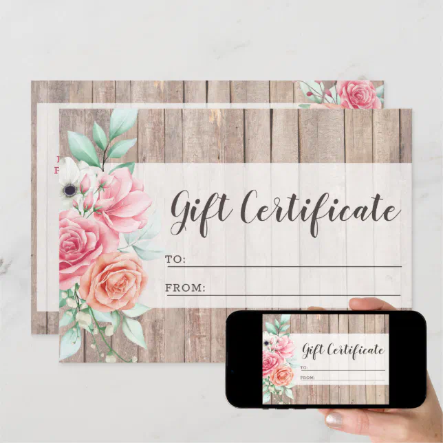 Rustic Wood Country Floral Gift Certificate Card | Zazzle