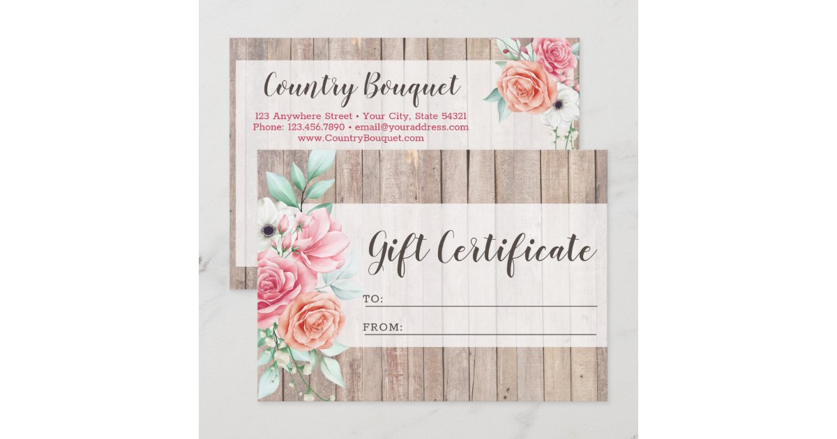 Rustic Wood Country Floral Gift Certificate Card | Zazzle
