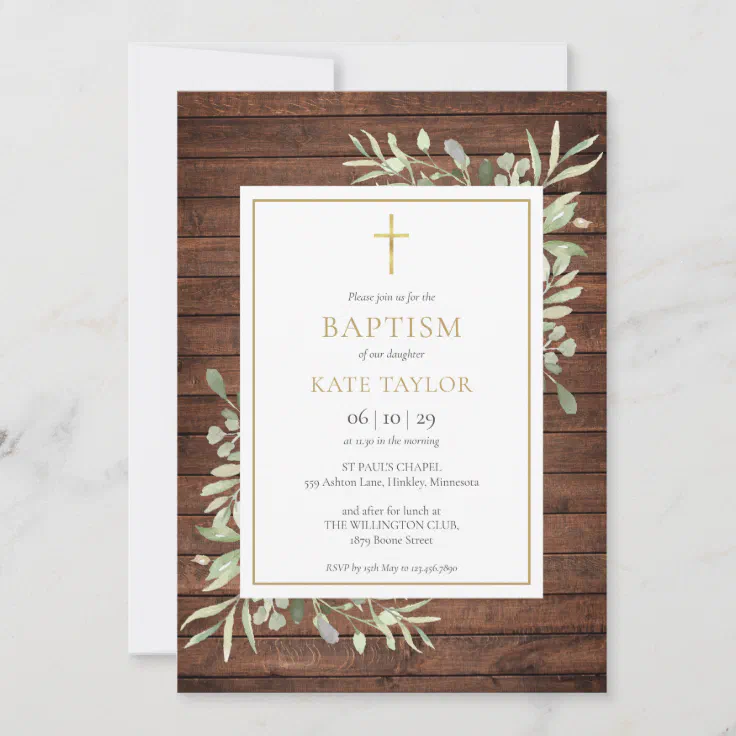 Rustic Wood Country Greenery Baptism Christening Invitation | Zazzle
