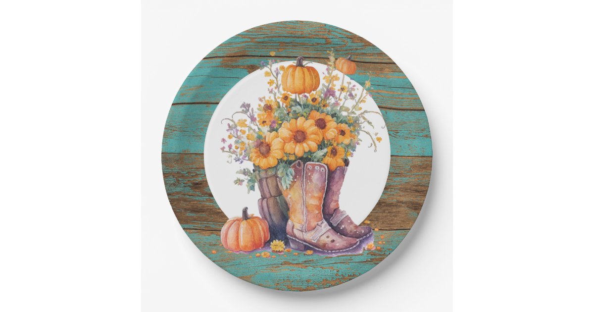 Rustic Wood Cowboy Boots Pumpkins Fall Paper Plates | Zazzle